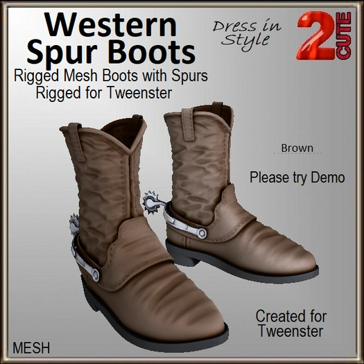 Second Life Marketplace - Western Spur Boot [2cute] Tweenster - Brown